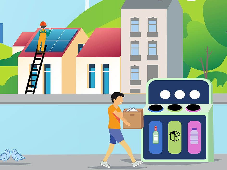 Illustration about Decarbonisation (recycling, biking, solar energy,...)
